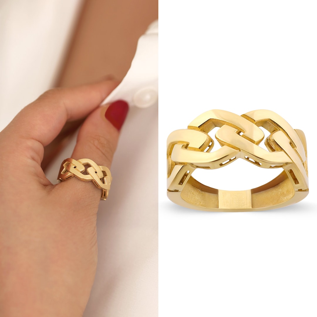 14k Gold Thick Chain Ring | Chunky Chain Ring, Quadrangler Link Ring ...