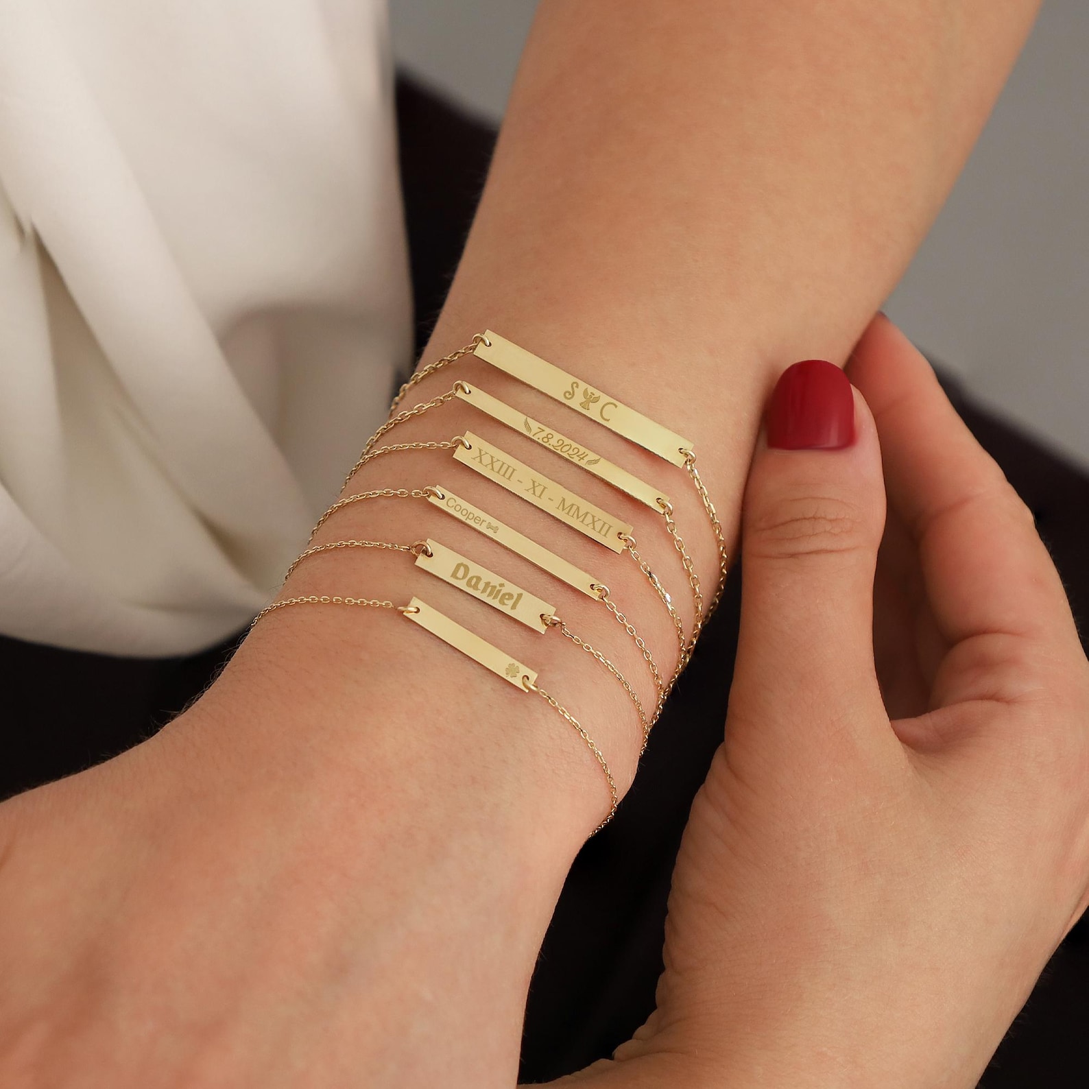 14k Gold Personalized Bar Bracelet | Engraved Name Date Icon Jewelry - Etsy
