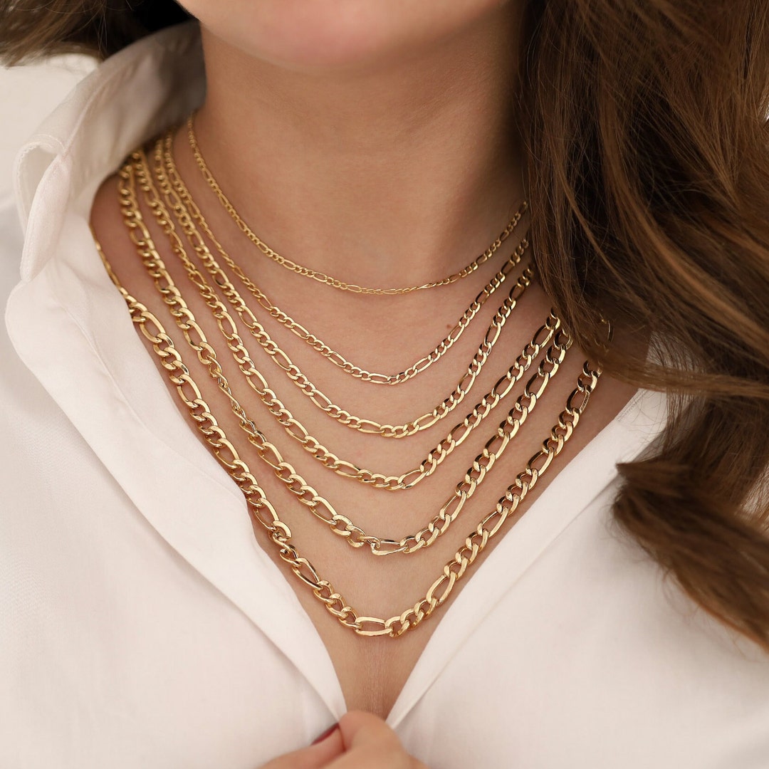14k Gold Figaro Chain Necklace | Unisex Cuban Link Layering Chain 2.5–6 ...