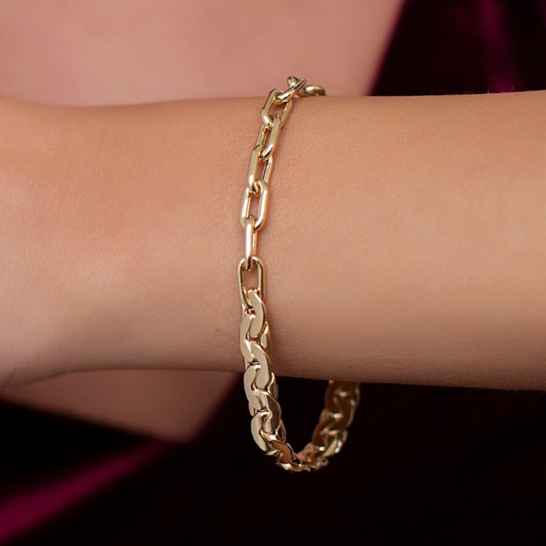 14k Gold Virola Paperclip Chain Bracelet | Tight Mariner Link Double ...
