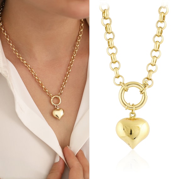 14k Gold Rolo Chain Charm Necklace Thick Belcher Chain Sailor Clasp With Heart Key Padlock Moon and Star Clover Charms Gift for Her Etsy
