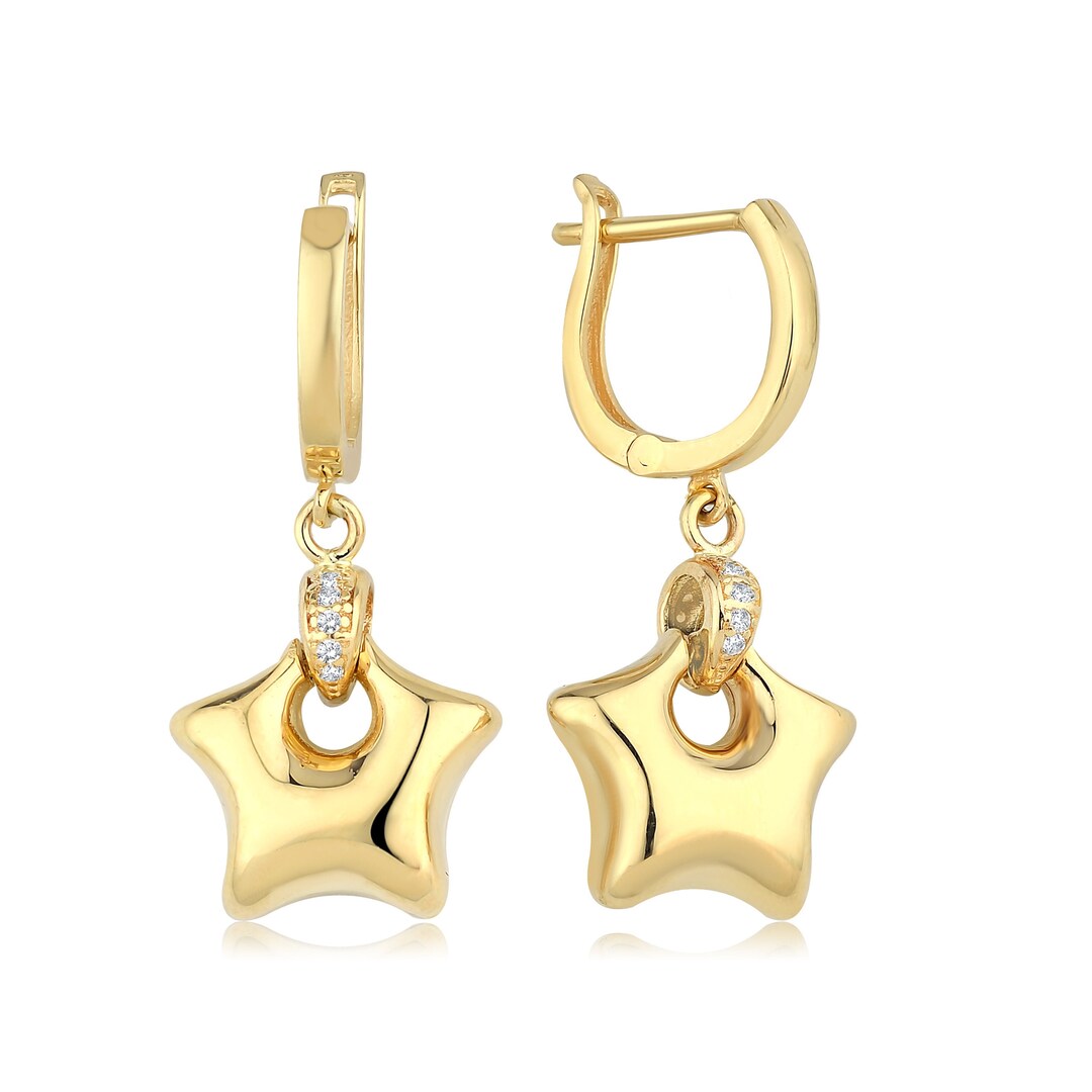 14k Gold Puffy Star Drop Earrings | Latch Back English Lock, Shiny ...