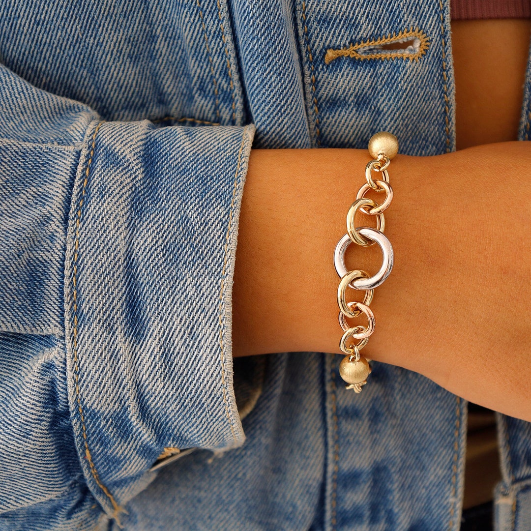 14k Gold Circle Link Bracelet | Interlock Multicolor Sphere Chain ...
