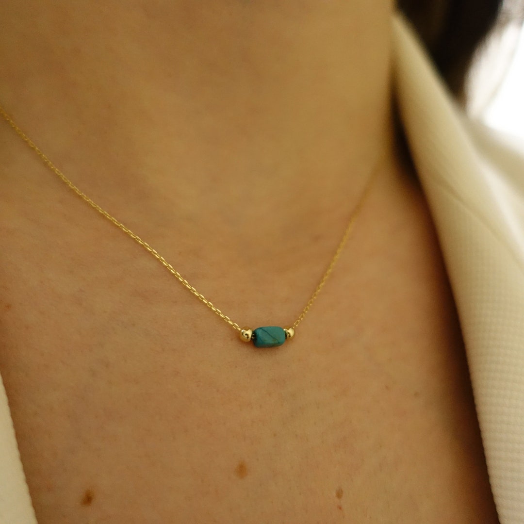 14k Gold Turquoise Rectangle Necklace | Blue Gemstone Prism Pendant ...