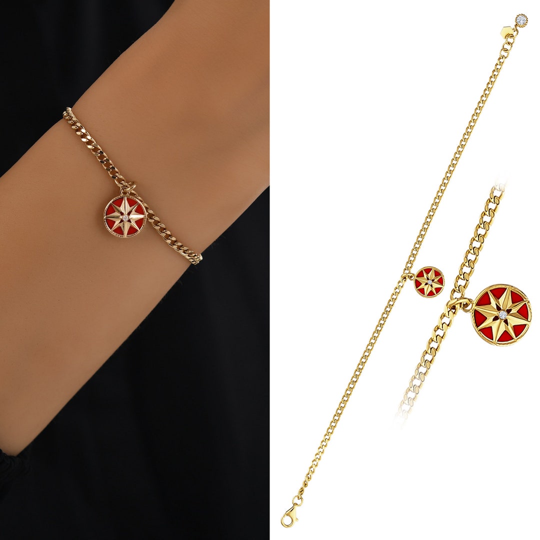 North Star Red Pendant 14k Gold Curb Chain Bracelet W/ Polestar Polaris ...