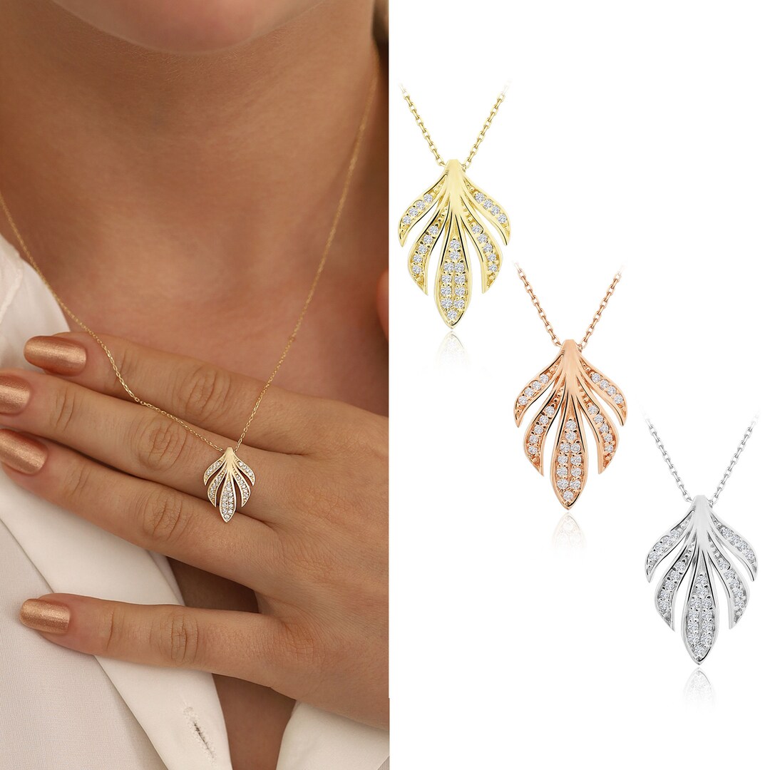 14k Gold Monstera Leaf Necklace | Shiny Gemstone Leaf Necklace ...