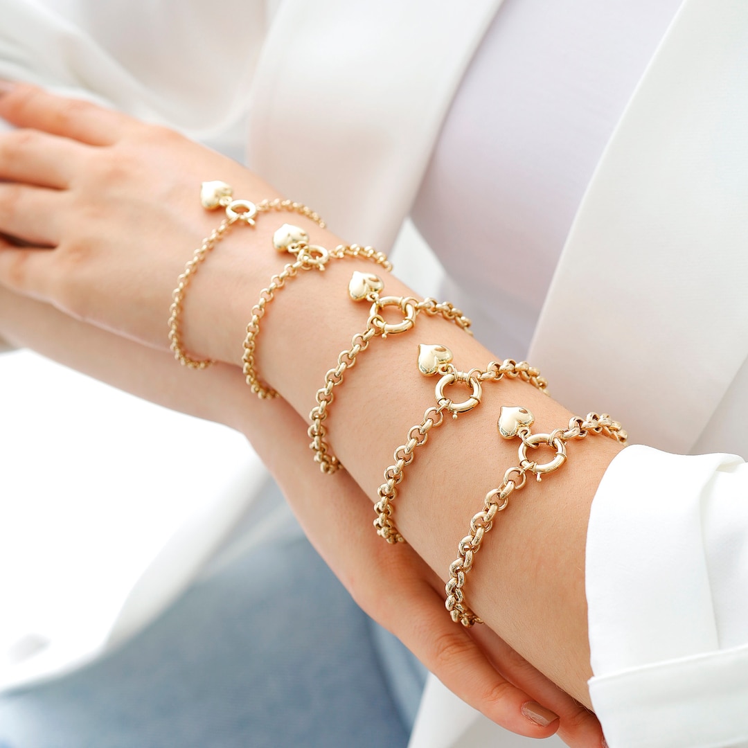 14k Gold Belcher Chain Bracelet | Rolo Sailor Clasp With Heart Charm - Etsy