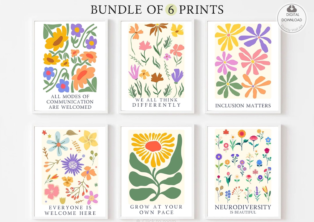 Therapy Office Decor Flower Market Set of 6 Floral Signs Neurodiversity ...