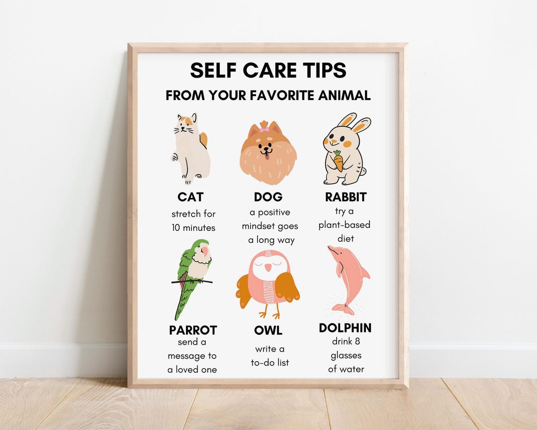 Self Care Tips Poster Animals,mental Health Therapist Office Gift,self ...