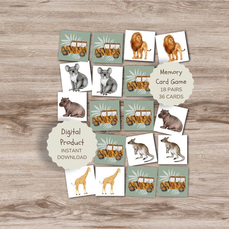 18 Safari Animals Matching Game for Kids, Match Picture Card, Wild ...