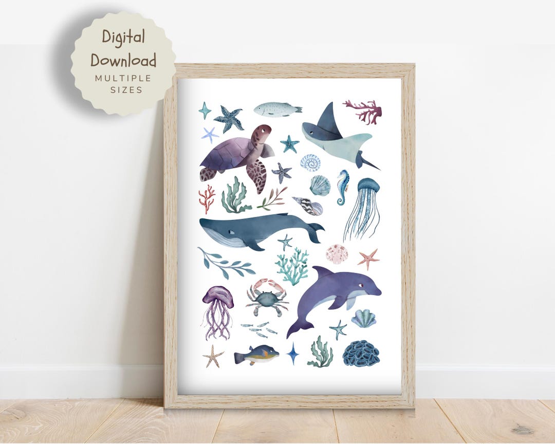 Sea Creatures Poster, Watercolor Maritime Scandi Kids Wall Art, Sea ...