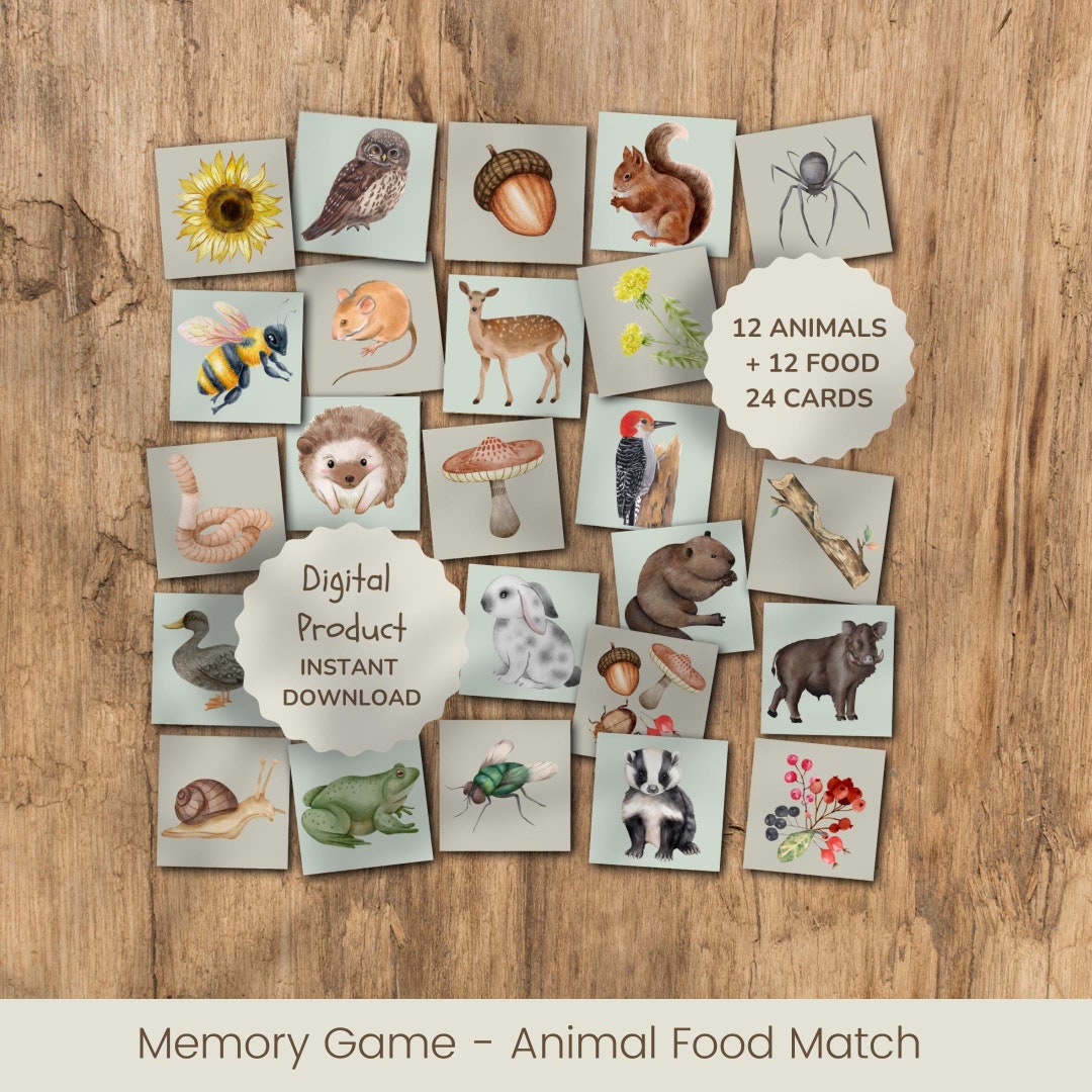 Printable Memory Card Game, 12 Pairs, What Do Animals Eat, Forest Animals, Children's Game ...