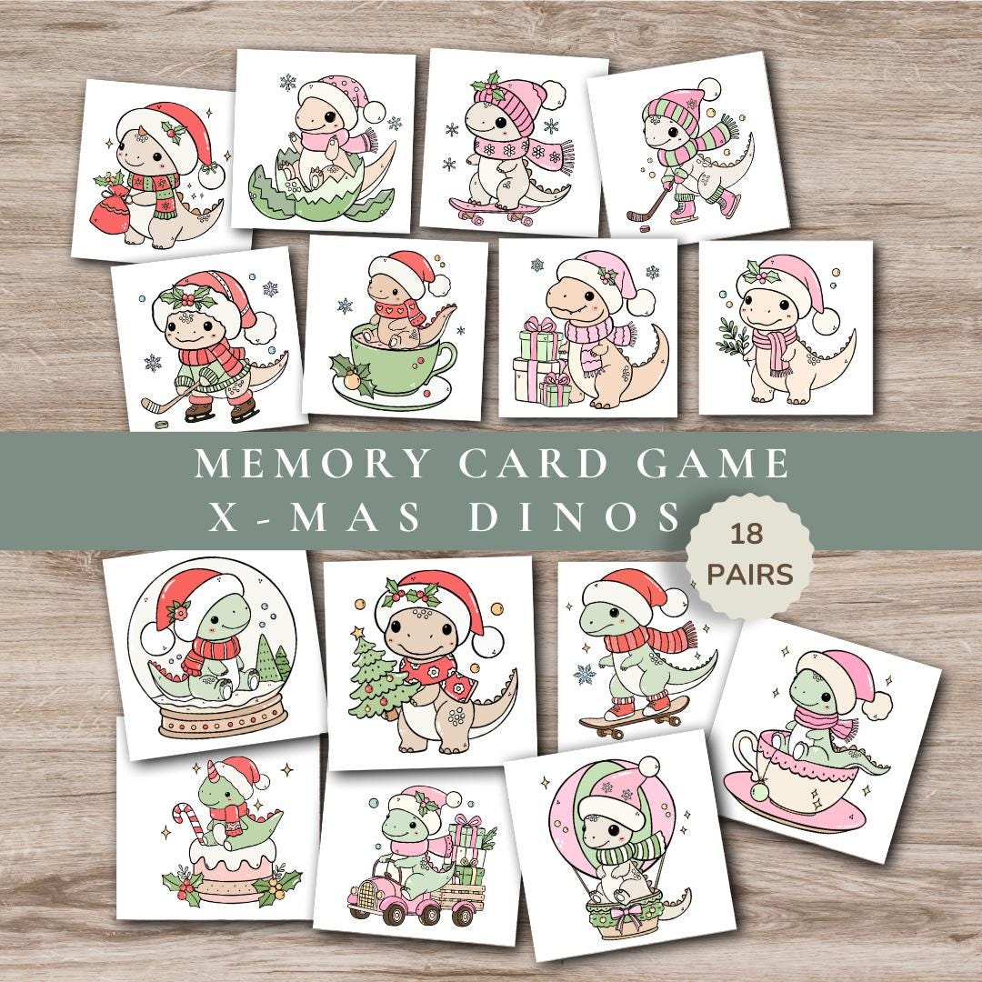 18 Christmas Dino Matching Game for Kids, Match Picture Card, X-mas ...
