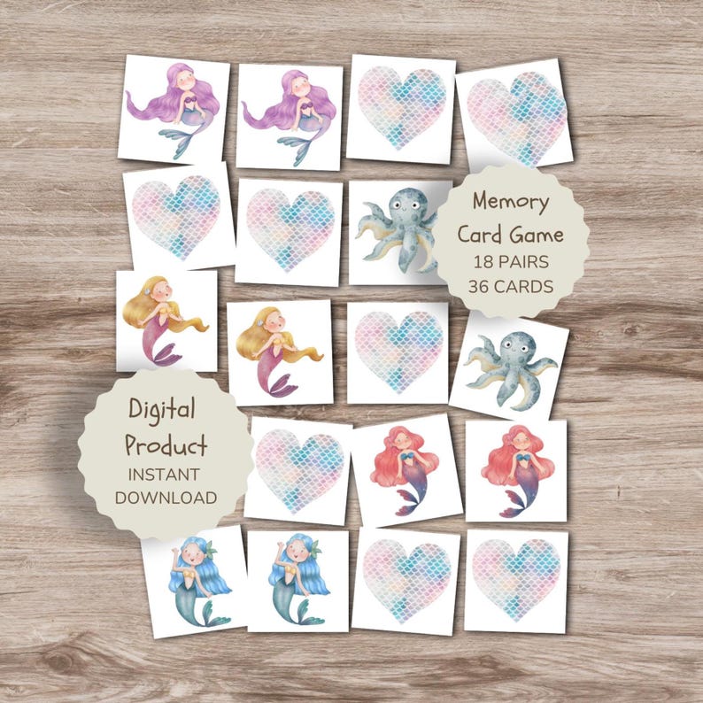 Mermaid Activity Matching Memory Game for Toddler Montessori Printable ...