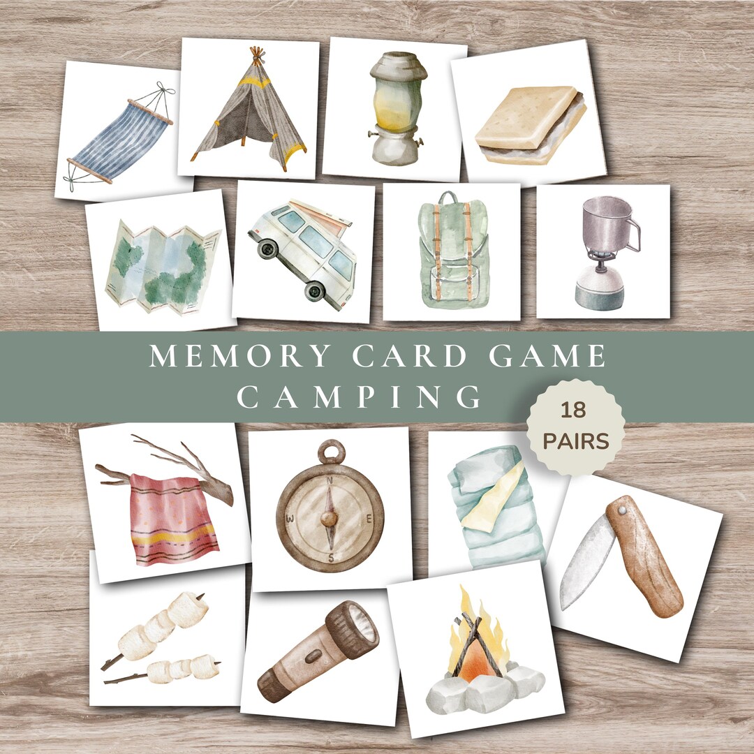 18 Printable Memory Card Game for Kids Watercolor Camping Adventure ...
