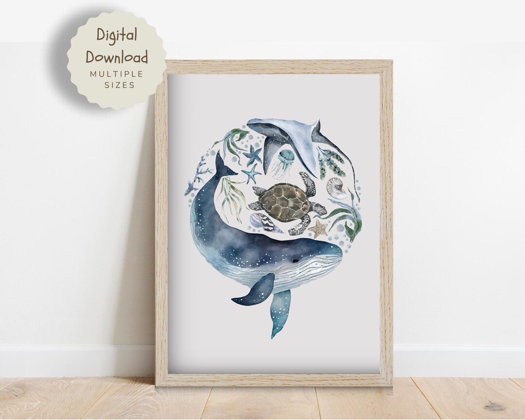 Sea Animals Watercolor Poster, Nautical Kids Wall Art, Whale, Ray ...