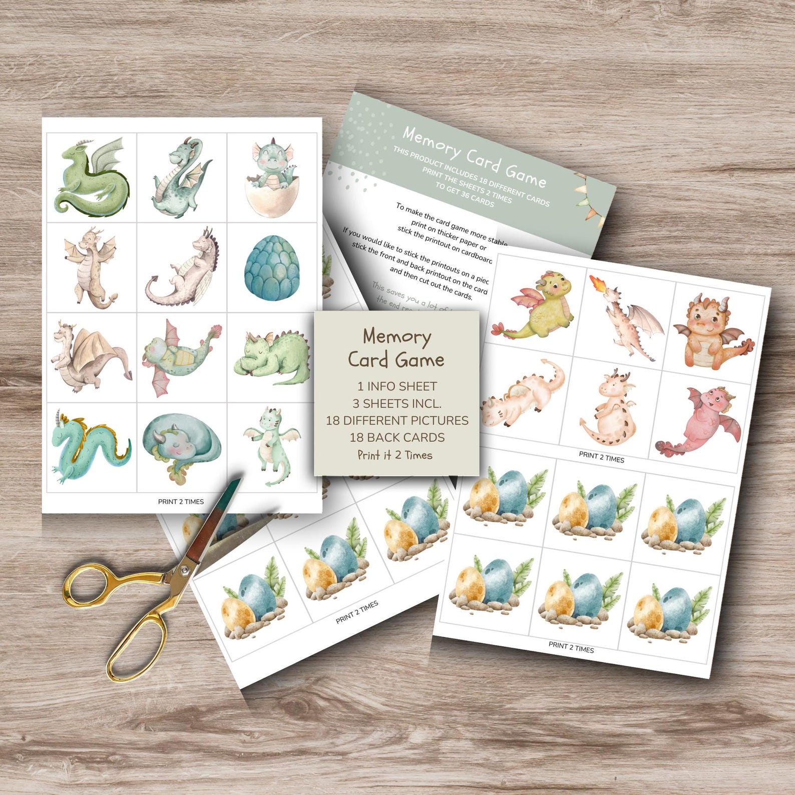 Dragon Activity Matching Memory Game for Toddler Montessori Printable ...