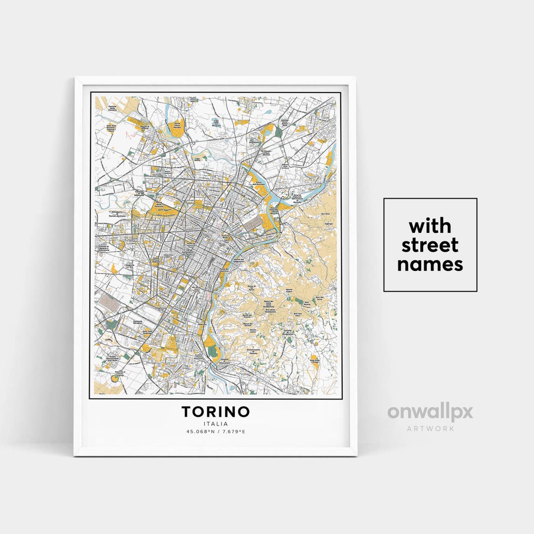 Turin Map Print, Street Names Turin Print, Printable Map of Turin, City ...
