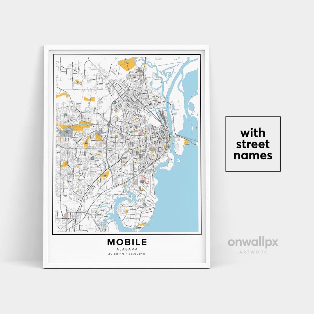 Mobile Map Print, Street Names Mobile Print, Printable Map of Mobile ...