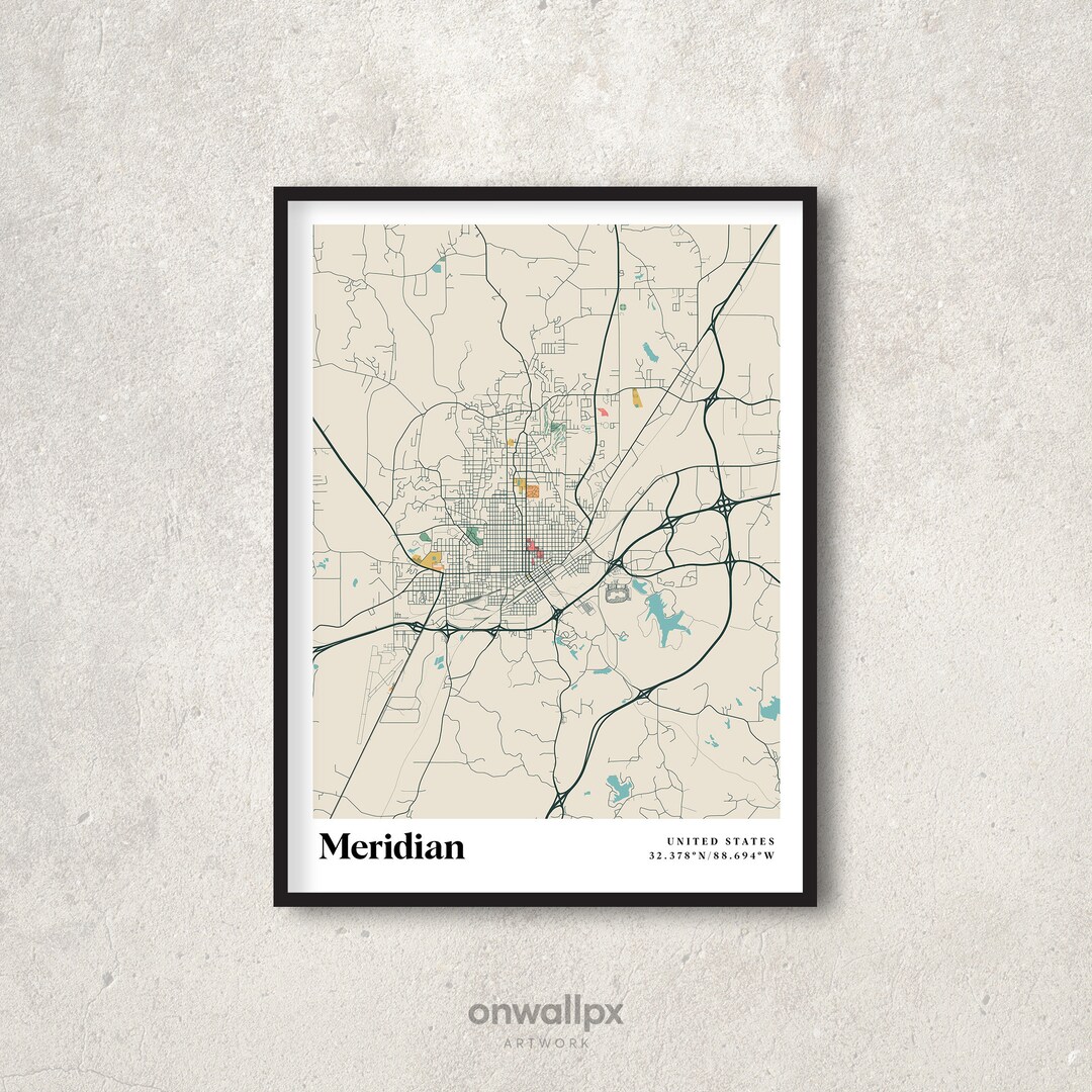 Meridian Print Map, Retro Meridian Map Poster, Vintage Meridian Streets ...