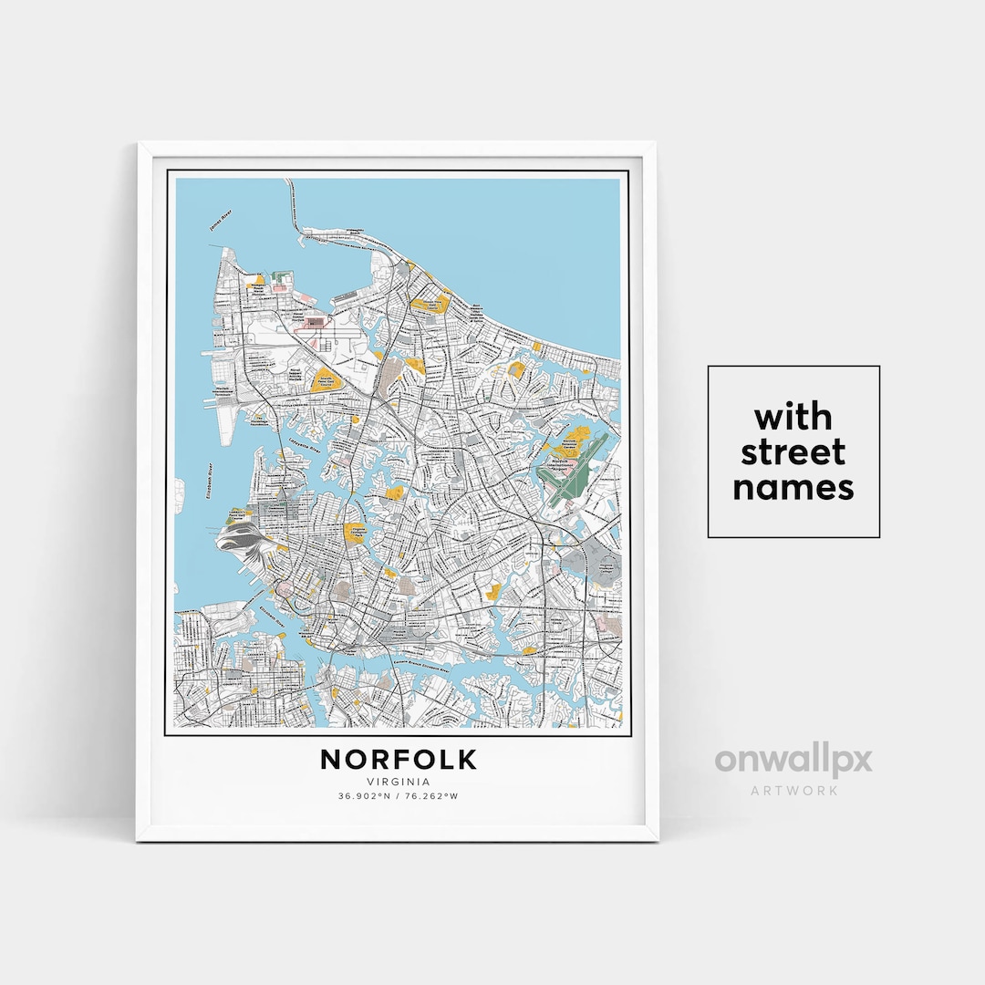 Norfolk Map Print, Street Names Norfolk Print, Printable Map of Norfolk ...