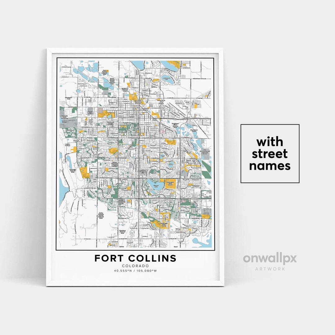 Fort Collins Map Print, Street Names Fort Collins Print, Map of Fort ...