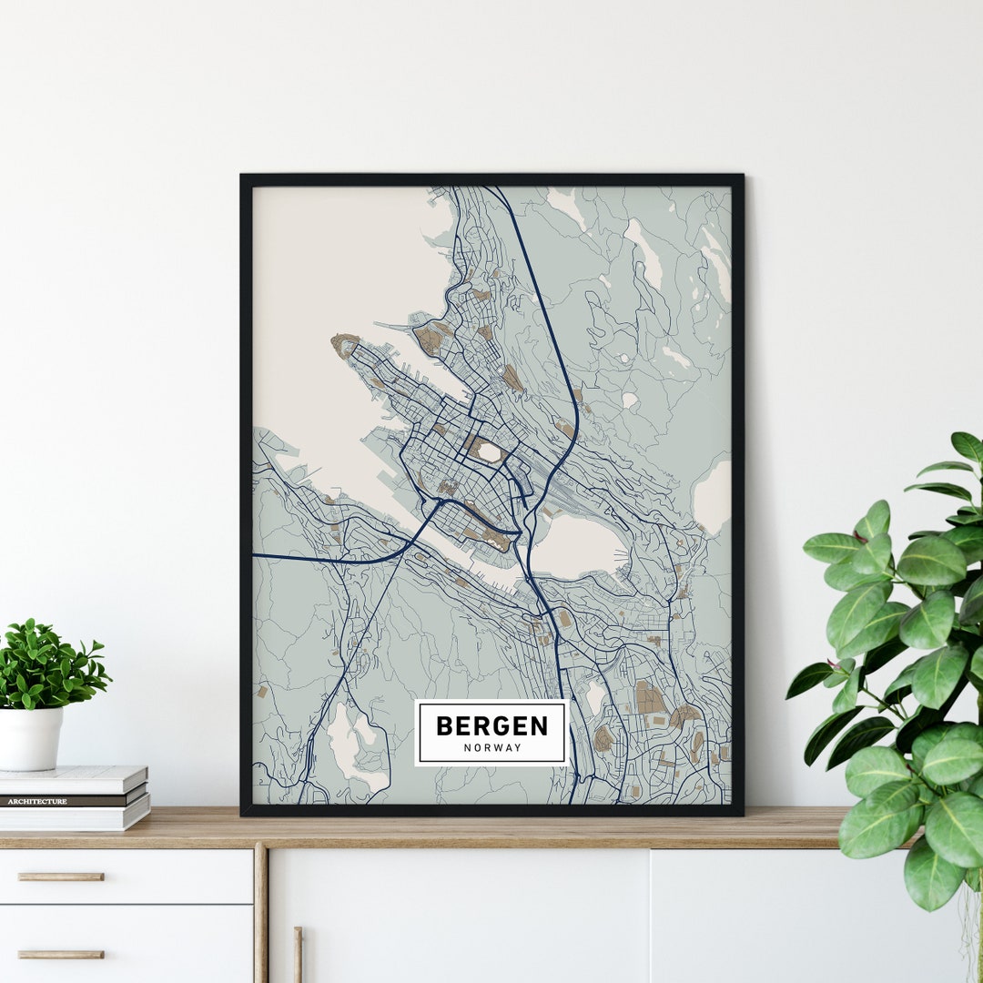 Mapa de Bergen, Mapa de Bergen Noruega, Bergen Print, Bergen Poster ...