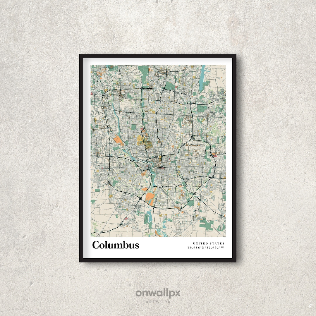 Columbus Map Print Poster, Retro Columbus Map Decor, Vintage Columbus ...