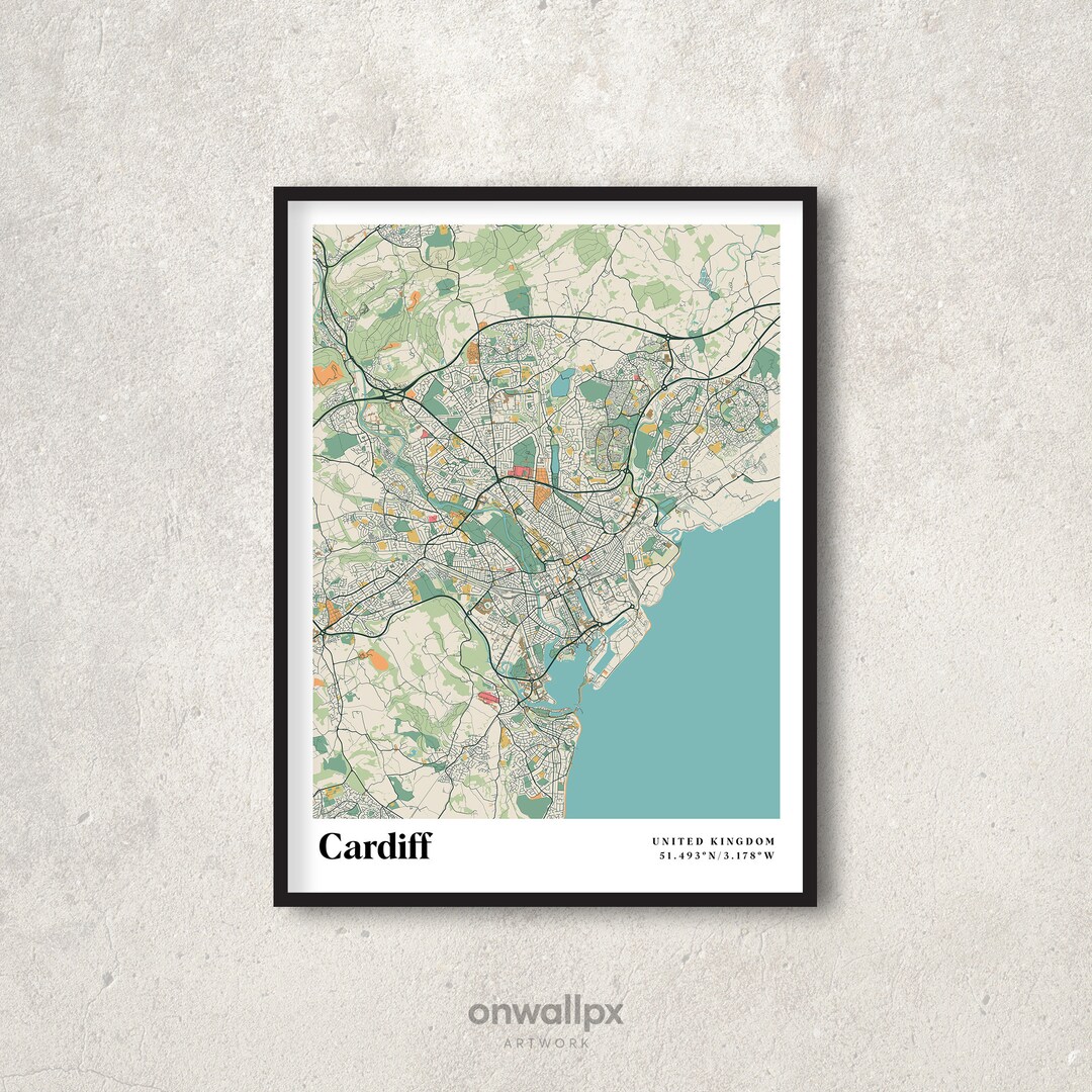 Cardiff Print Map, Retro Cardiff Map Poster, Vintage Cardiff Street Map ...