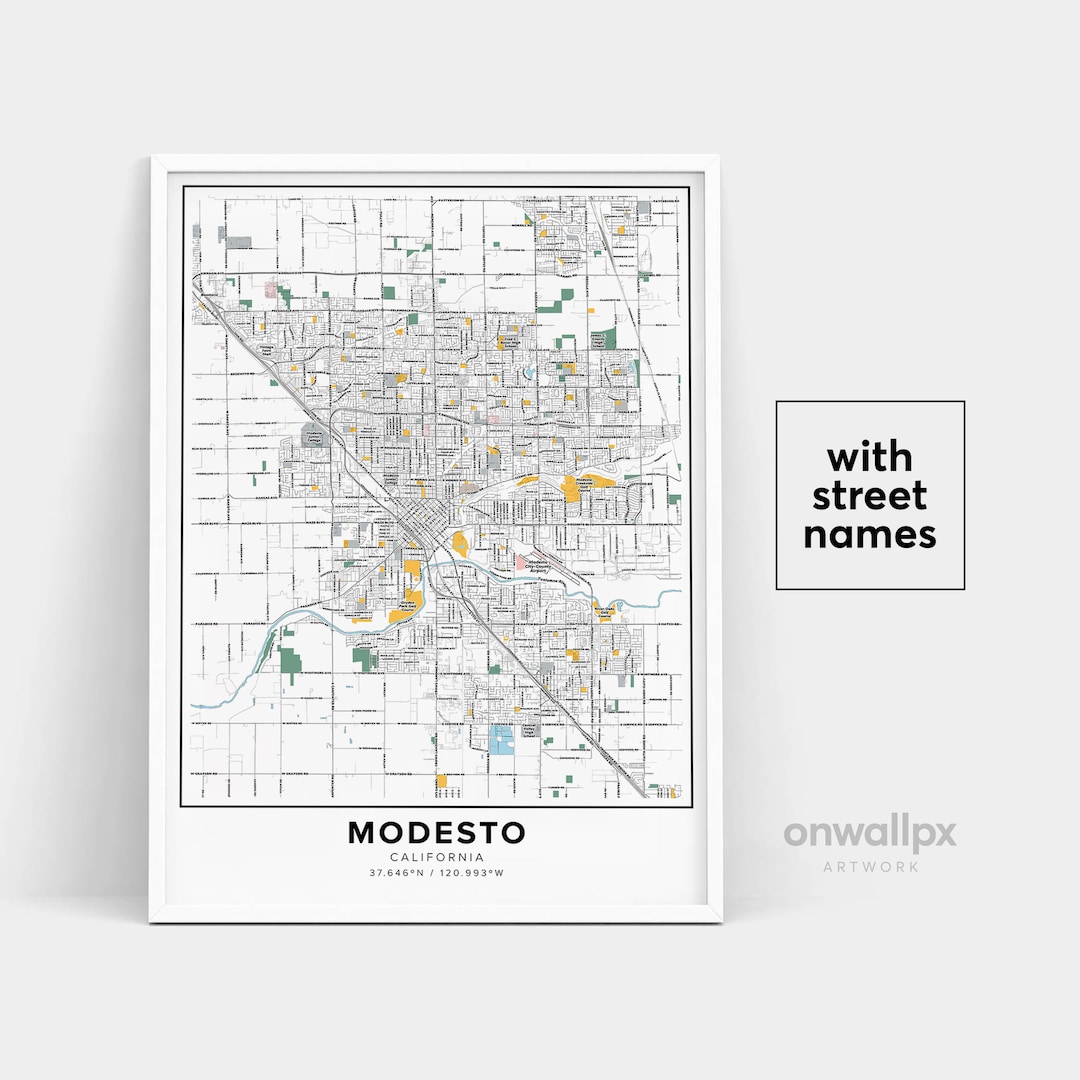 Modesto Map Print, Street Names Modesto Print, Printable Map of Modesto ...