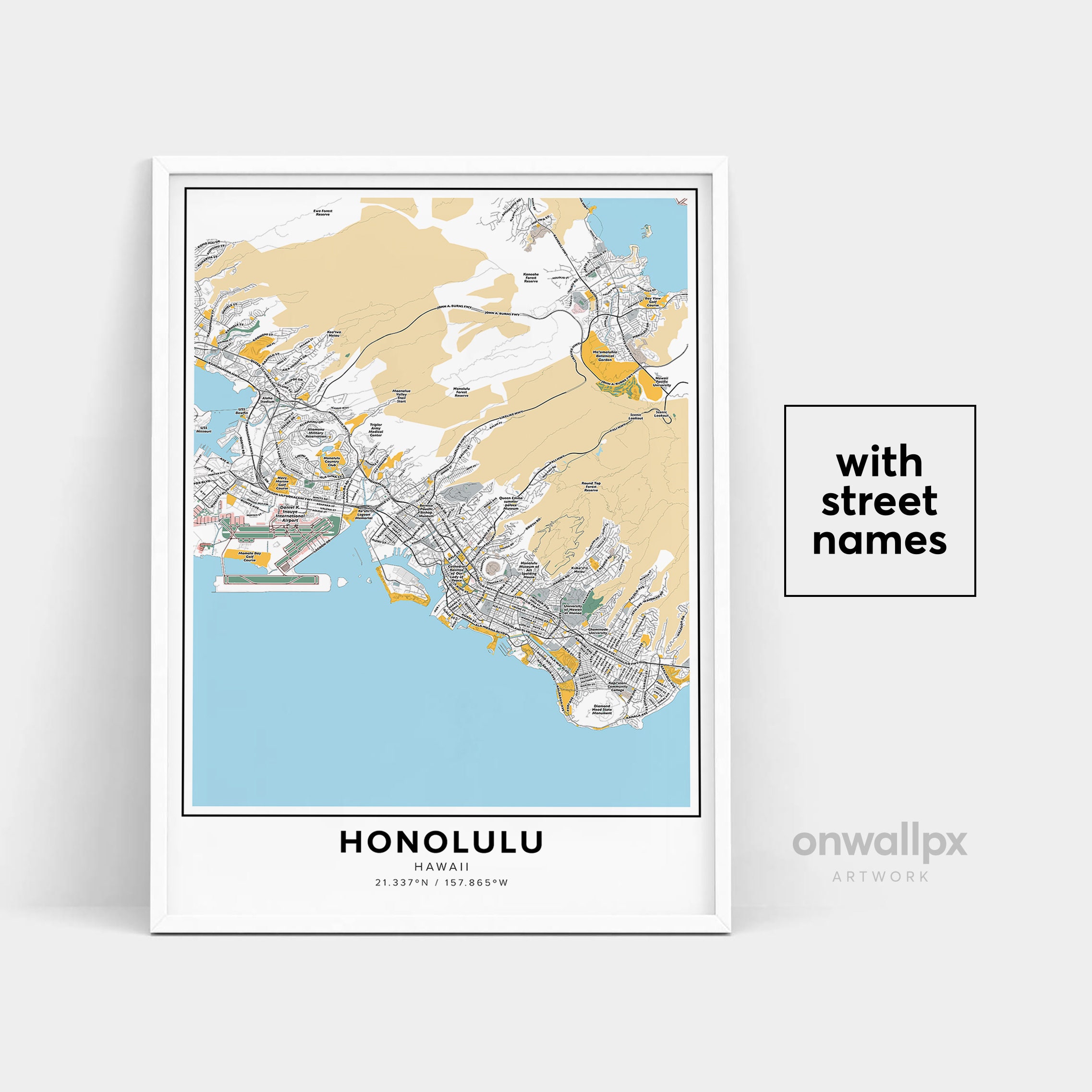 Honolulu Map Print, Street Names Honolulu Print, Printable Map of ...