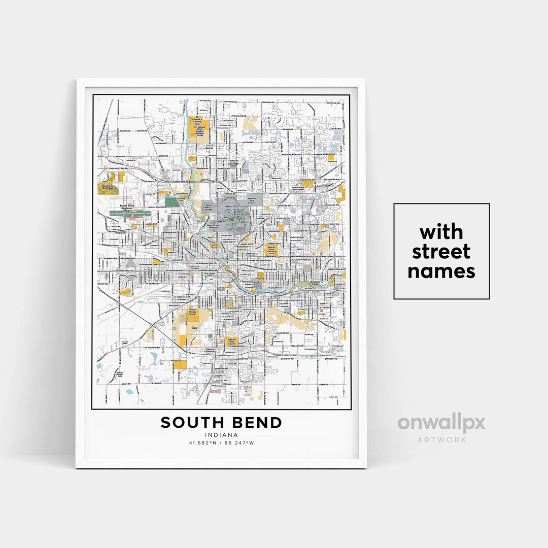 South Bend Map Print, Street Names South Bend Print, Printable Map of ...