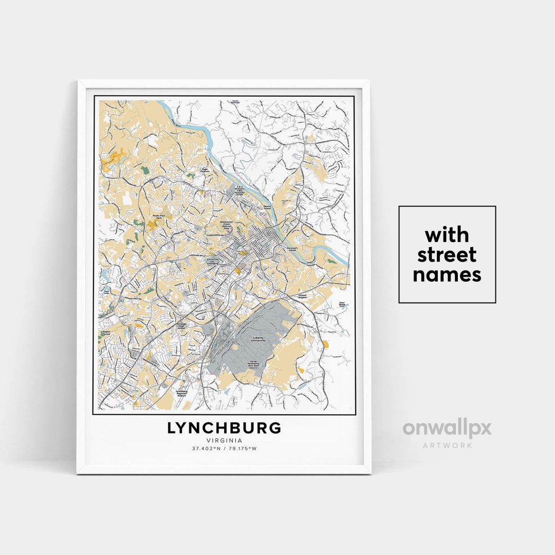 Lynchburg Map Print, Street Names Lynchburg Print, Printable Map of ...