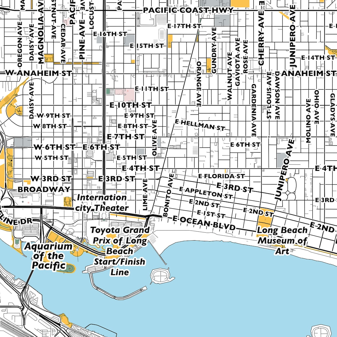 Long Beach Map Print, Street Names Long Beach Print, Printable Map of ...