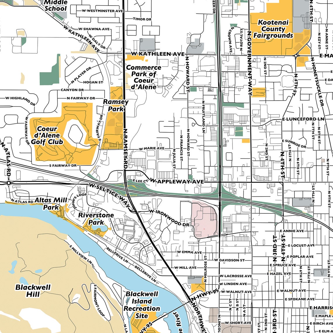 Coeur D'alene Map Print, Street Names Coeur D'alene Print, Map of Coeur ...