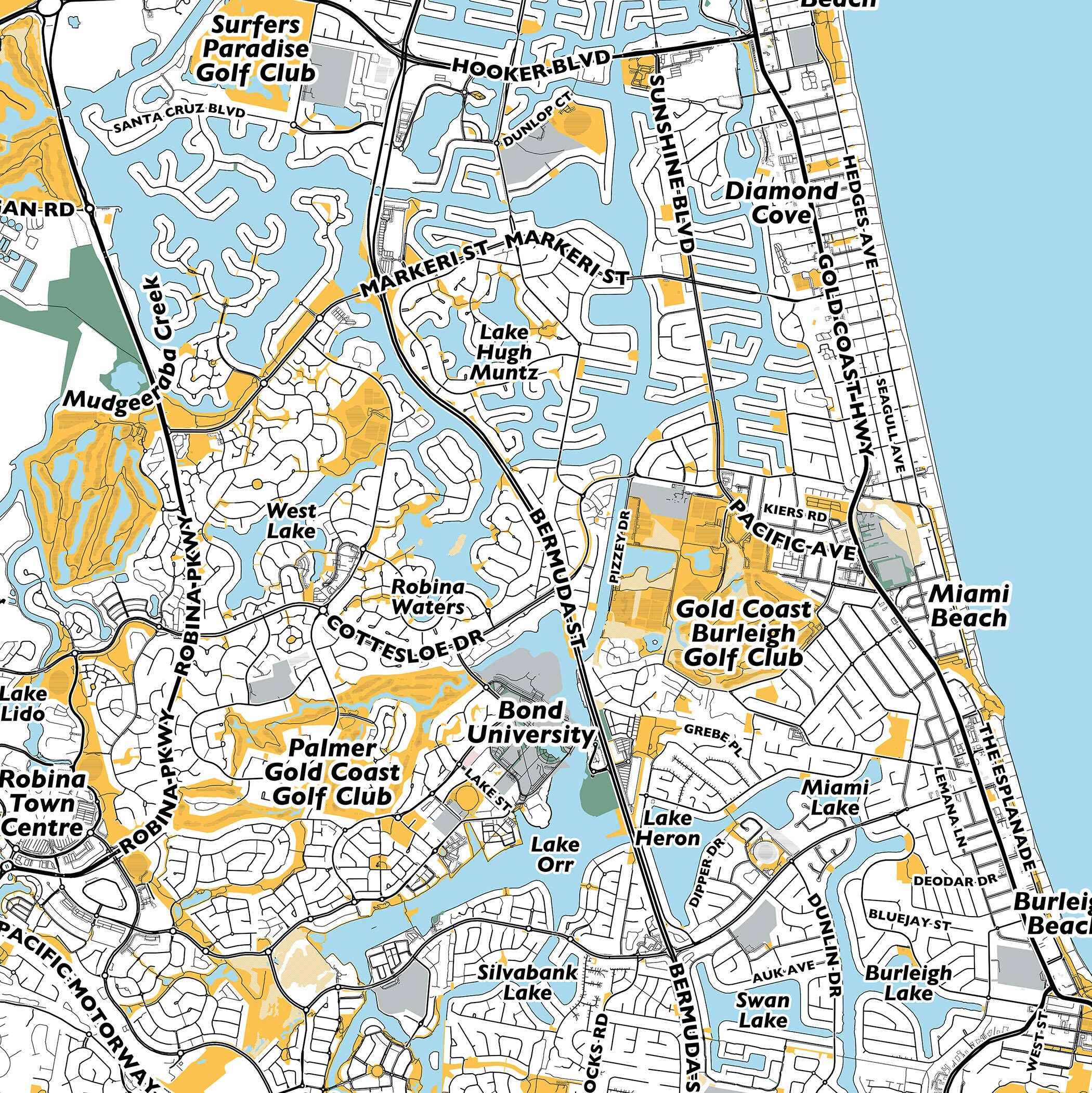 Gold Coast Map Print, Street Names Gold Coast Print, Map of Gold Coast ...