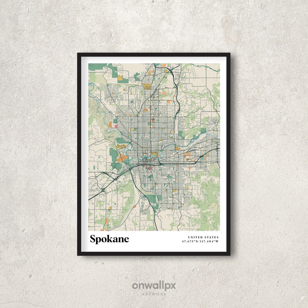 Spokane Print Map, Retro Spokane Map Poster, Vintage Spokane Streets ...