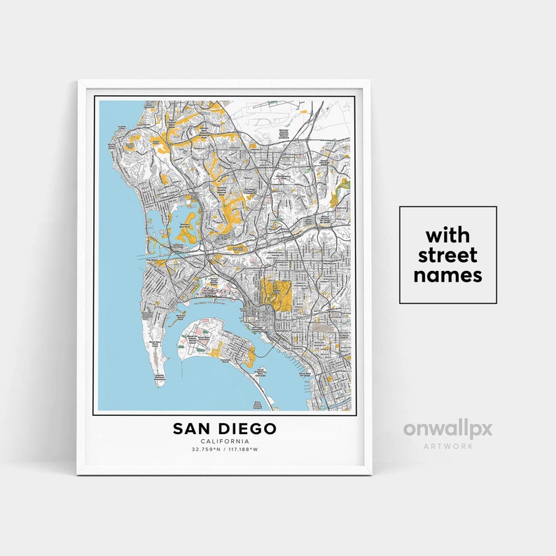 San Diego Map Print, Street Names San Diego Print, Print Map of San ...