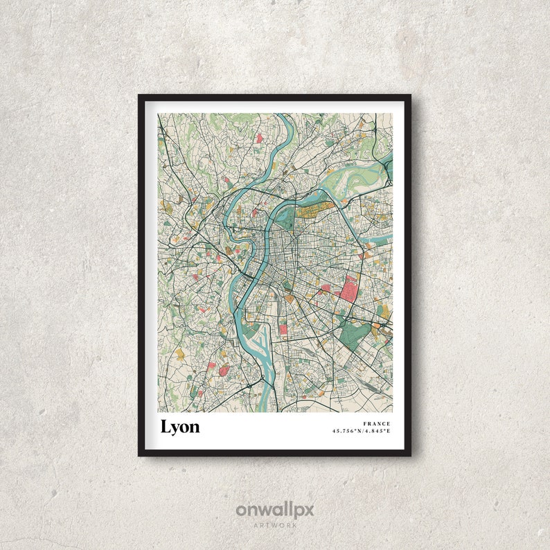 Lyon Map Print Poster, Retro Lyon Map Art, Vintage Lyon Gift Wall Art ...