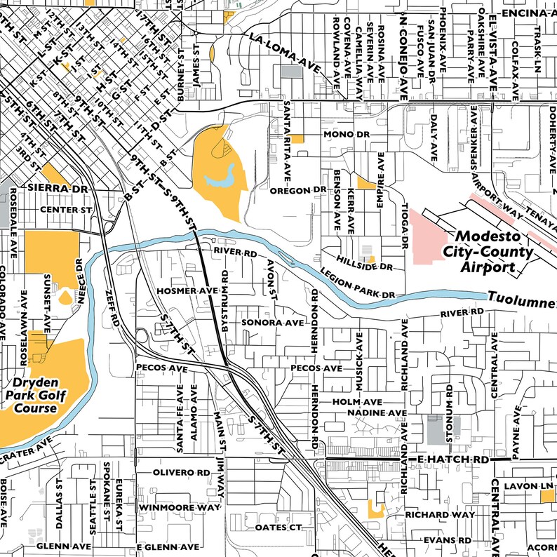 Modesto Map Print, Street Names Modesto Print, Printable Map of Modesto ...