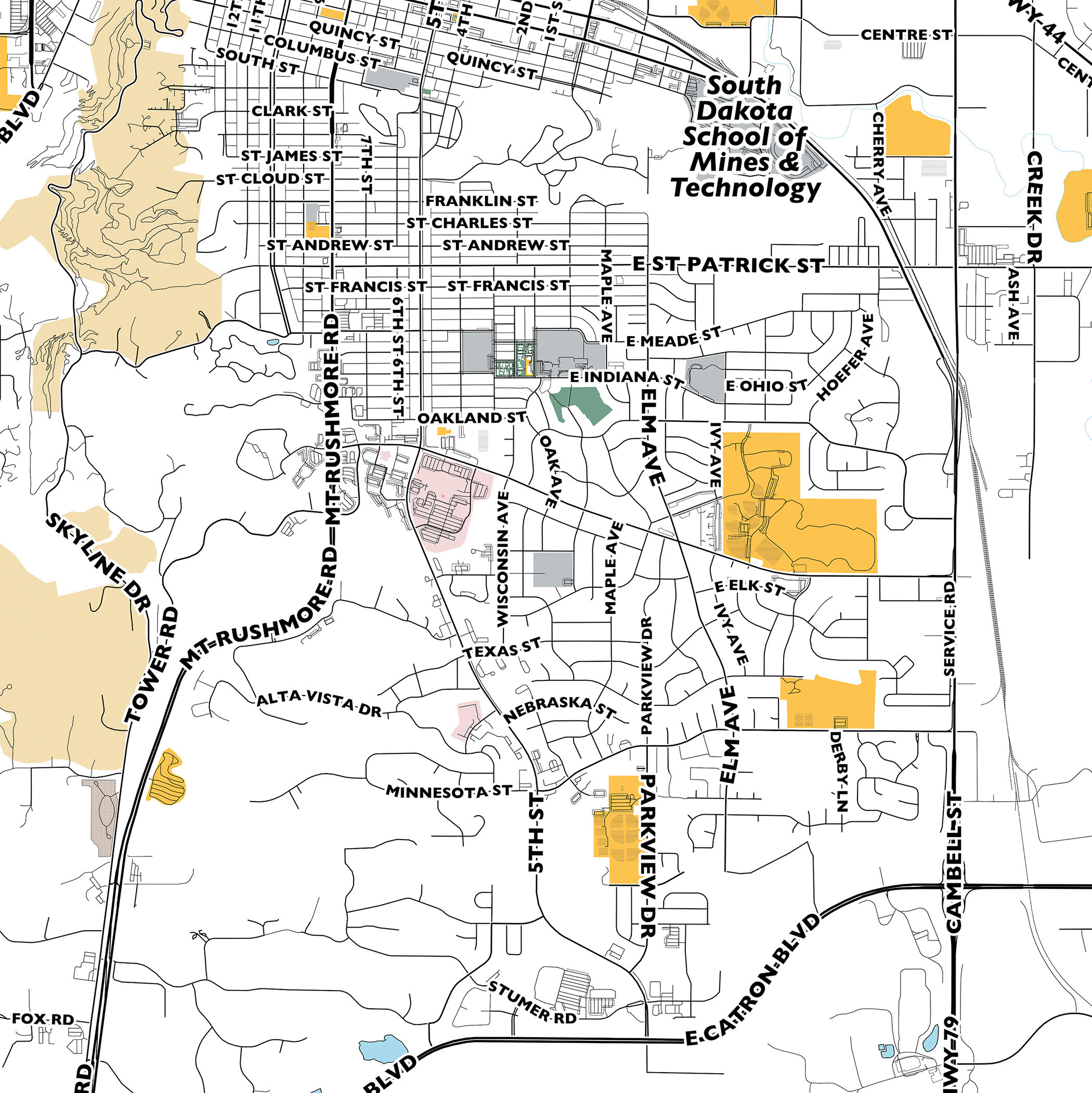 Rapid City Map Print, Street Names Rapid City Print, Map of Rapid City ...