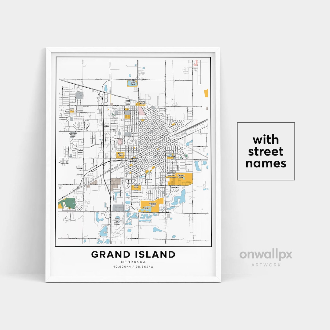 Grand Island Map Print, Street Names Grand Island Print, Map of Grand ...