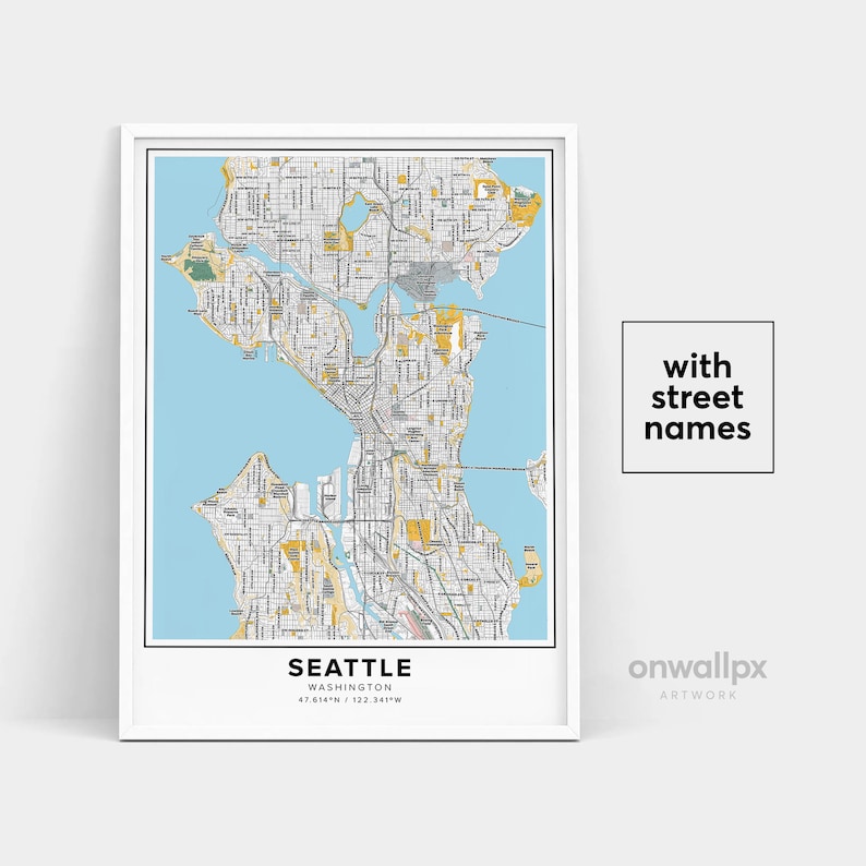 Seattle Map Print, Street Names Seattle Print, Printable Map of Seattle ...