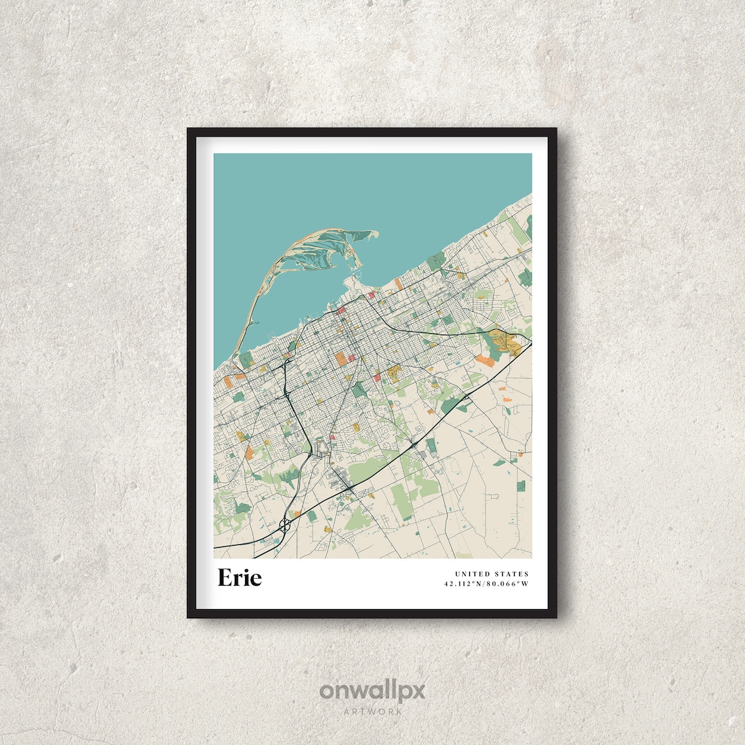 Erie Map Print Poster, Retro Erie Map Decor, Vintage Erie Gift Wall Art ...