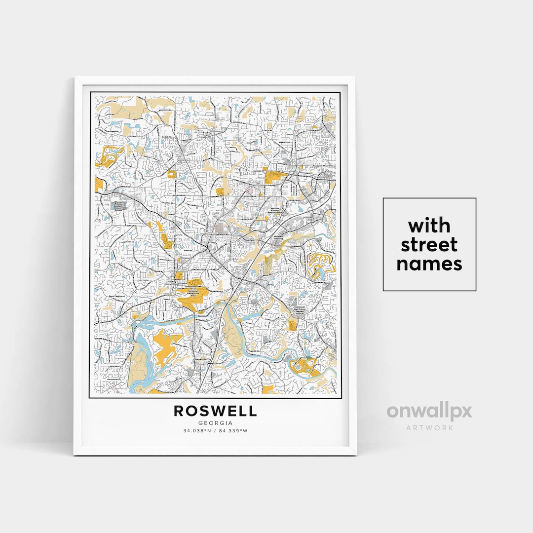 Roswell Map Print, Street Names Roswell Print, Printable Map of Roswell ...