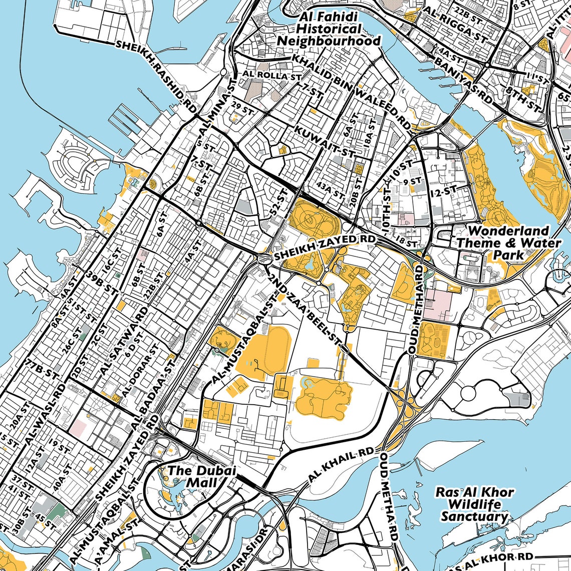 Dubai Map Print, Street Names Dubai Print, Printable Map of Dubai, City ...