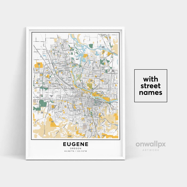 Eugene Map Print Street Names Eugene Print Printable Map of - Etsy