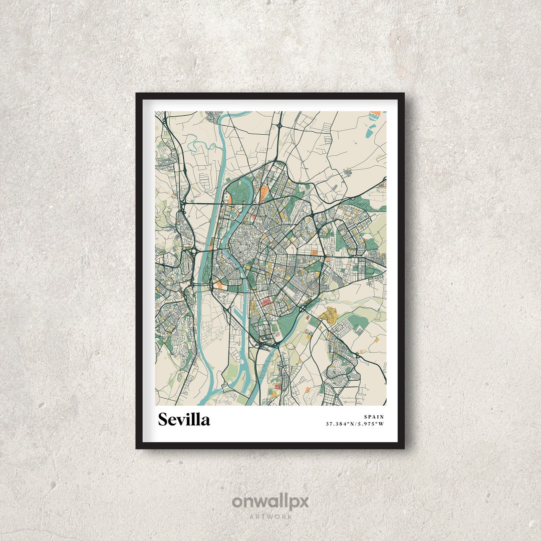 Sevilla Print Map, Retro Seville Map Poster, Vintage Seville Street Map ...