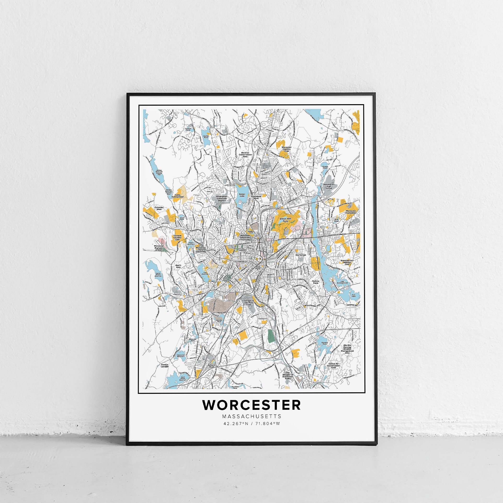 Worcester Map Print Street Names Worcester Print Printable - Etsy