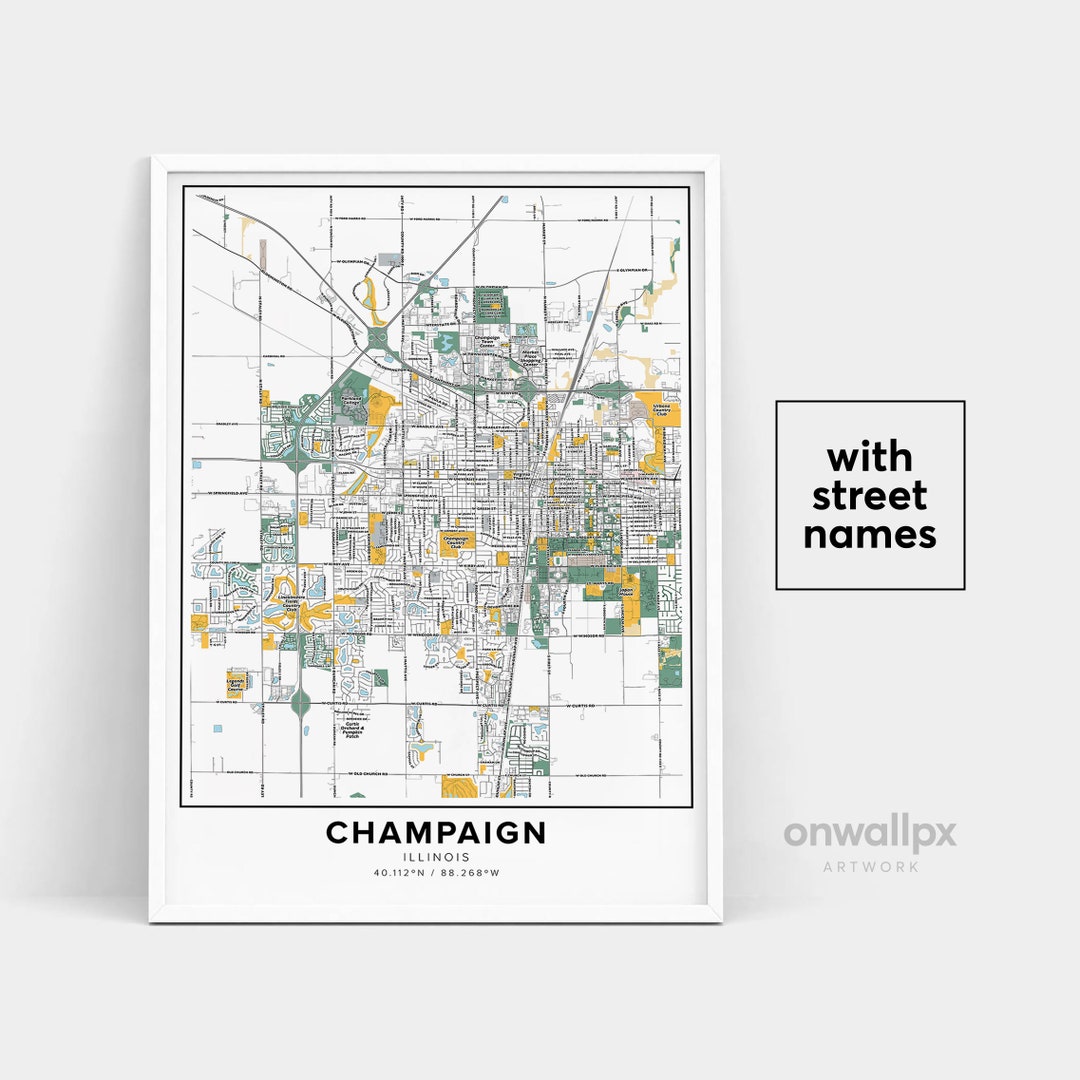 Champaign Map Print, Street Names Champaign Print, Printable Map of ...